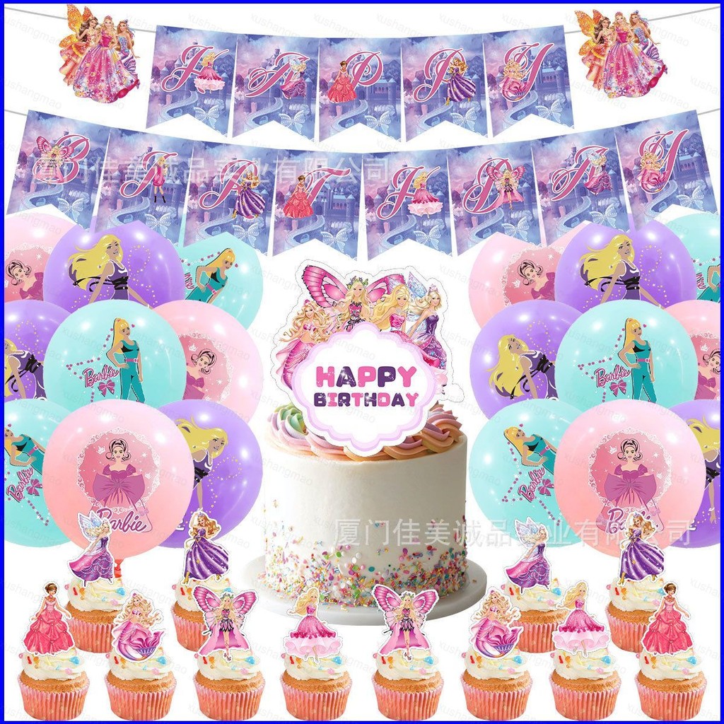 Barbie theme kids birthday party decorations banner cake topper ...