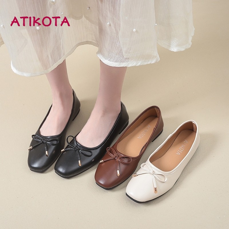 Women's solid color simple flat shoes with bow design and soft sole for ...