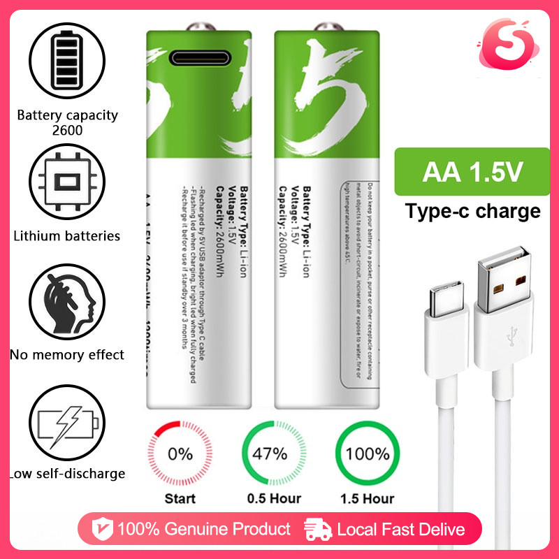 Smartoools 1.5V Double A Lithium ion Type C AA AAA Battery Rechargeable ...