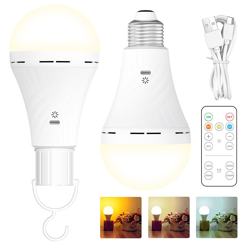 Rechargeable Light Bulb, Battery Operated Chargeable Bulb, Tri-color USB Light Bulb with Remote ...