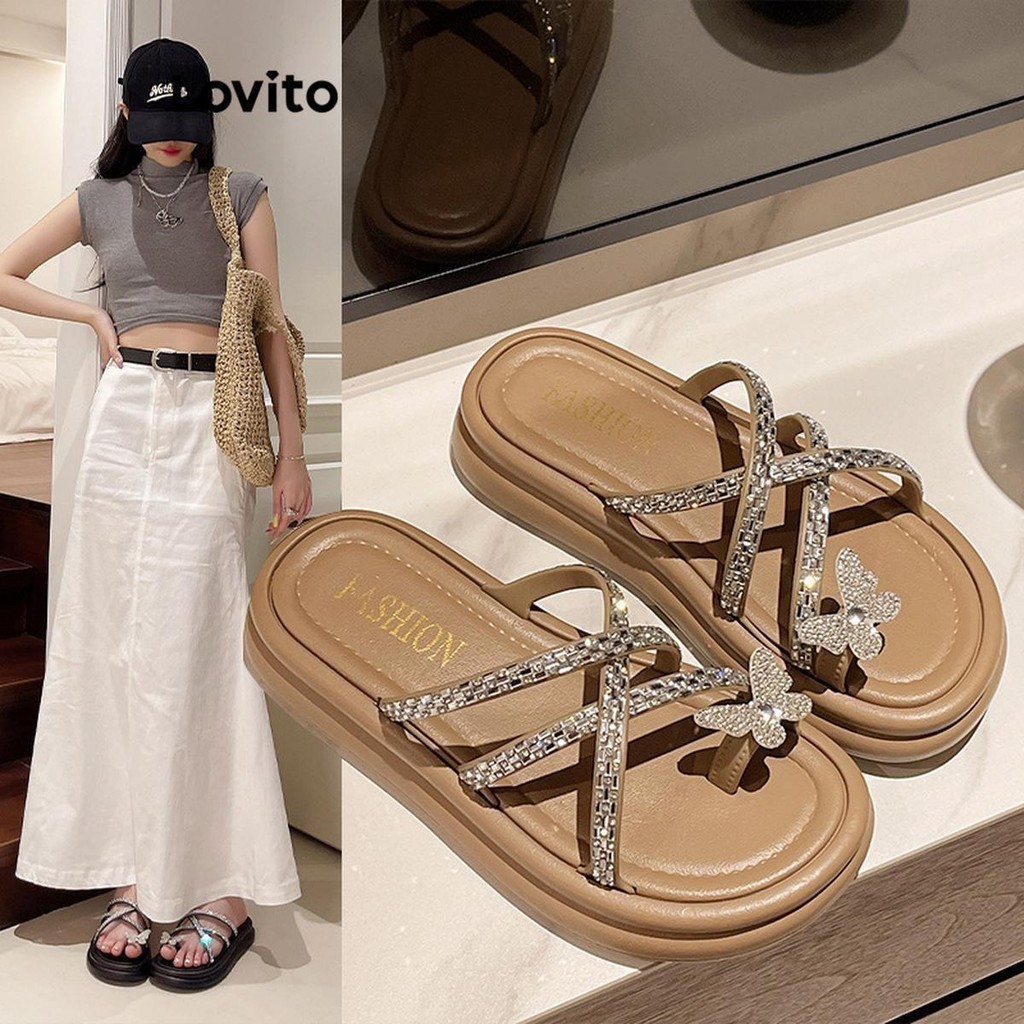 Lovito Women Casual Butterfly Rhinestone Flip Flops The Thick-Soled ...