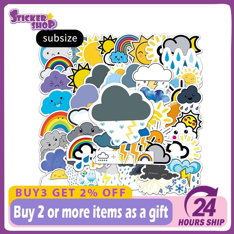 50PCS Weather Cartoon Sticker Sun Cloudy Thunder Shower Weather Pattern ...