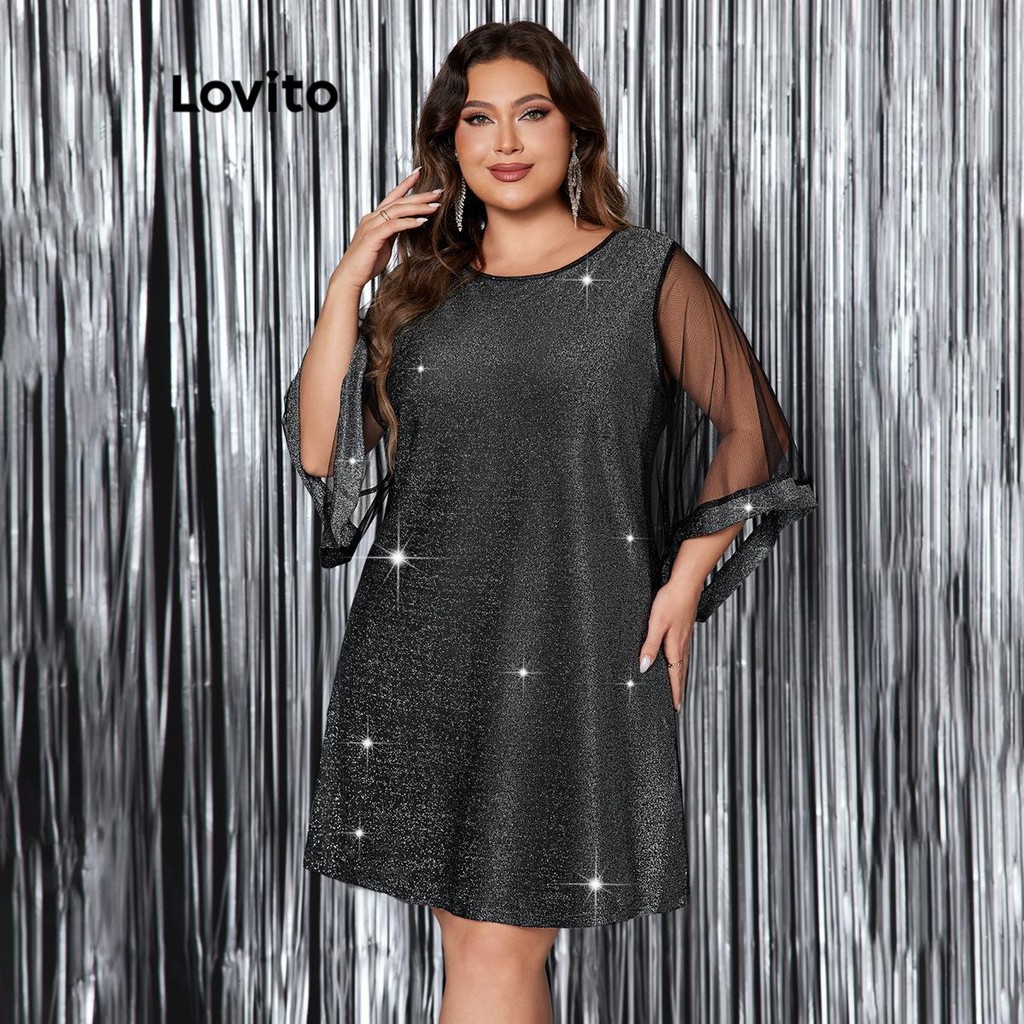 Lovito Women Plus Size Curve Elegant Plain Contrast Mesh Dress LNL79427 ...