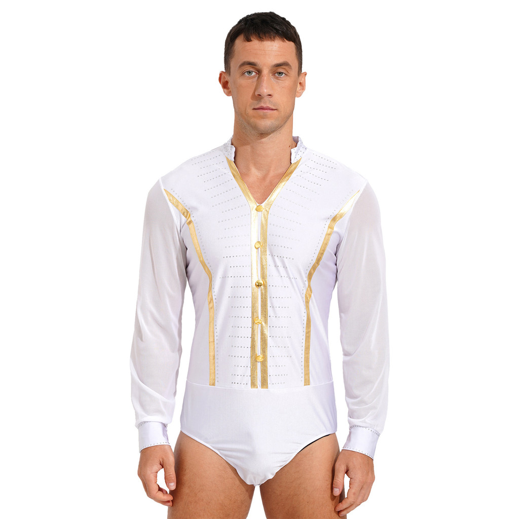 Men Ballroom Samba Latin Dance Rumba Tango Costume Long Sleeve Shiny ...