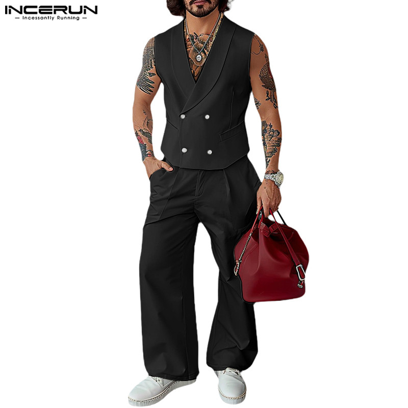 INCERUN Men Vintage Casual Solid Color Double Breasted Vest Pants Sets ...