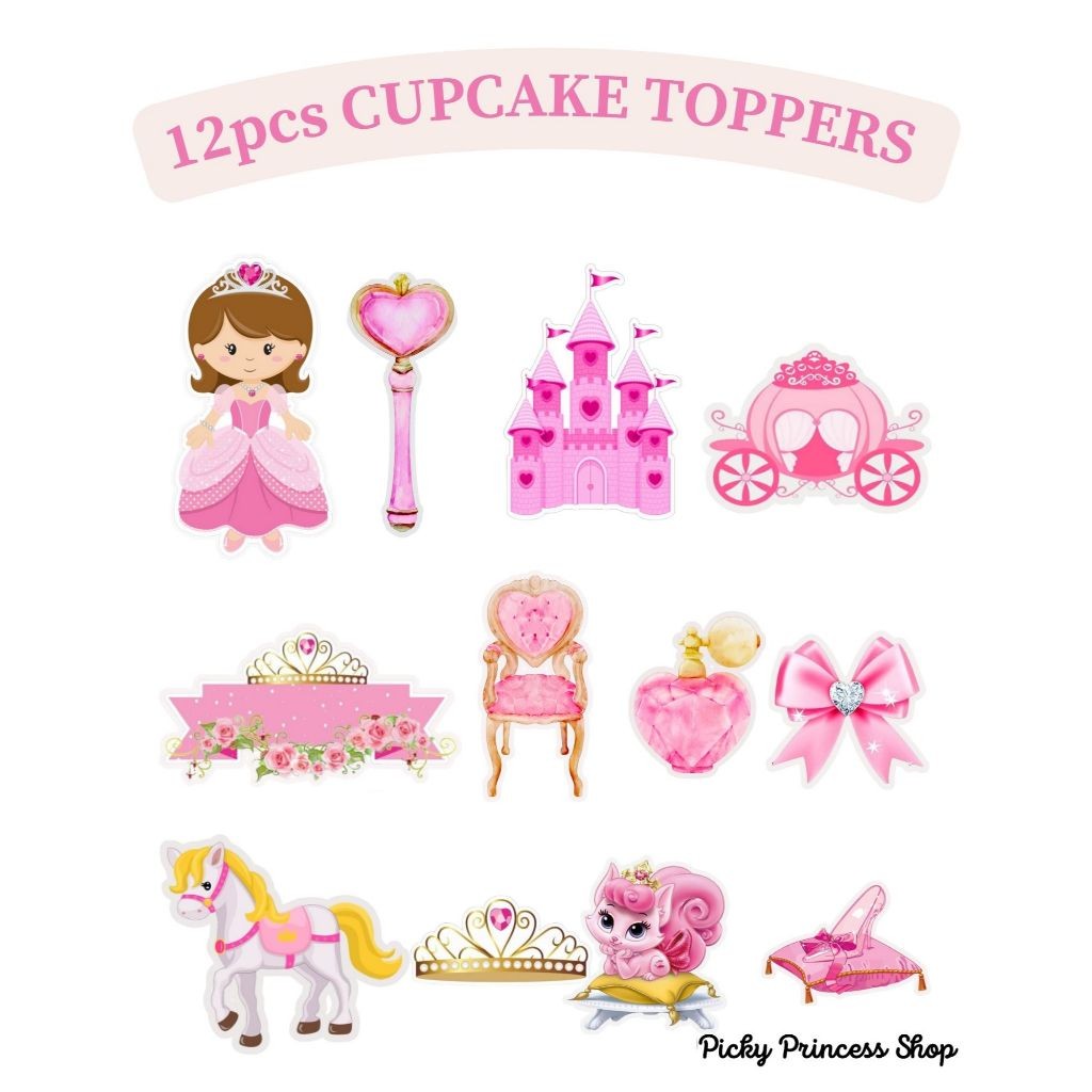 12pcs Royal Princess Pink Cake & Cupcake Toppers Crown Castle Girl ...