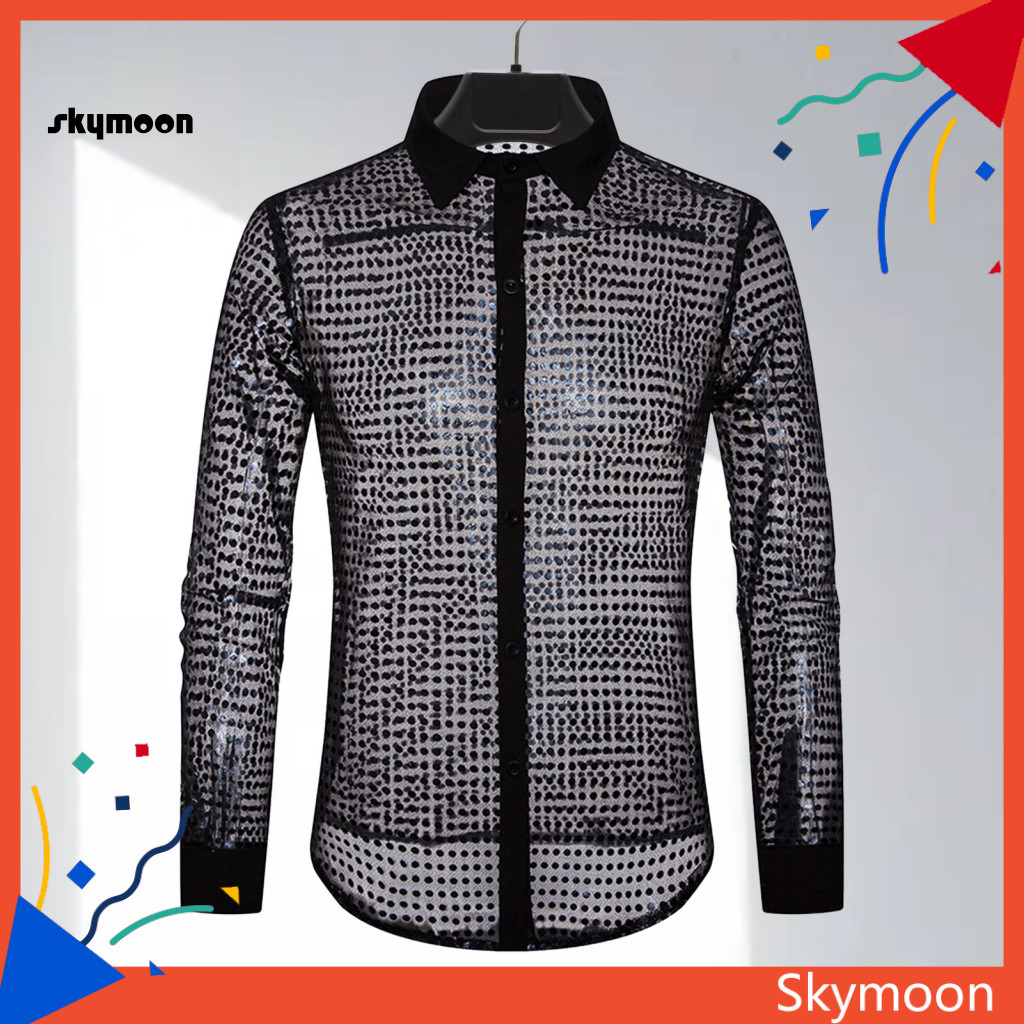 Skym* See-through Long-sleeve Shirt Men Shirt Stylish Men's Sequin ...