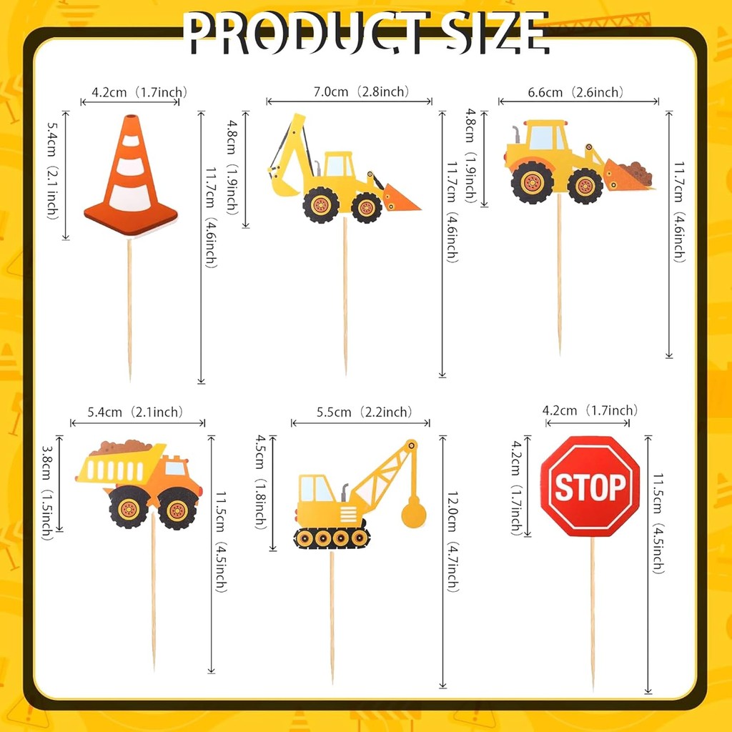 24 Pcs Construction Cupcake Toppers, Excavator Stop Sign Tractor Dump ...