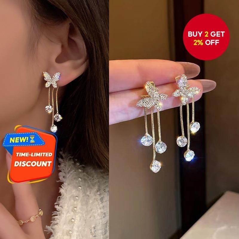 Korean Style Butterfly Dangle Earrings with Rhinestones for Women, For Christmas Gift | Shopee ...