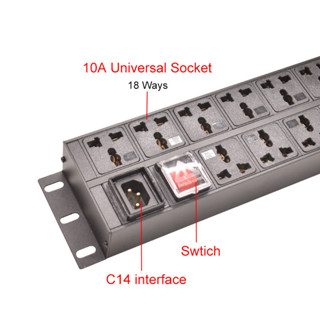2U rack mounted 19inch PDU power distribution unit, C14 interface,18 Ways Universal Socket ...