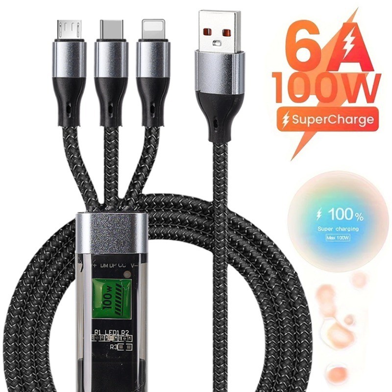 3 in 1 100W 6A Type C Super Fast Charging Cable / Micro USB To Type-C ...