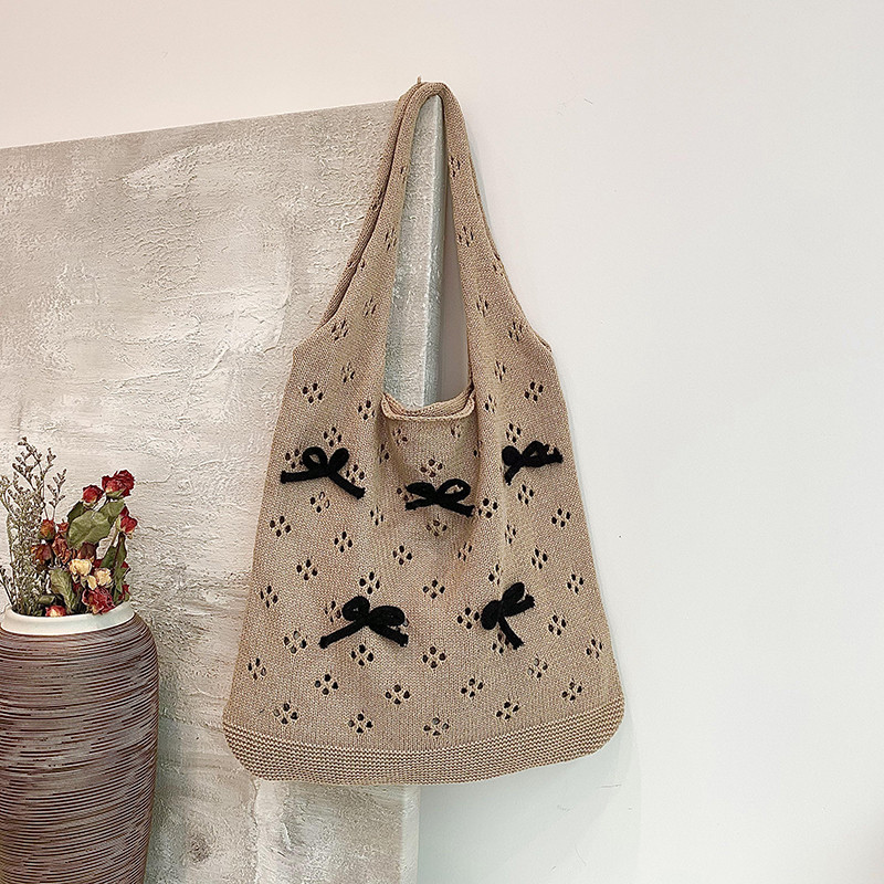 KKD Cute Bow Crochet Tote Bag Summer Beach Bag Large Shopping Work Bag ...