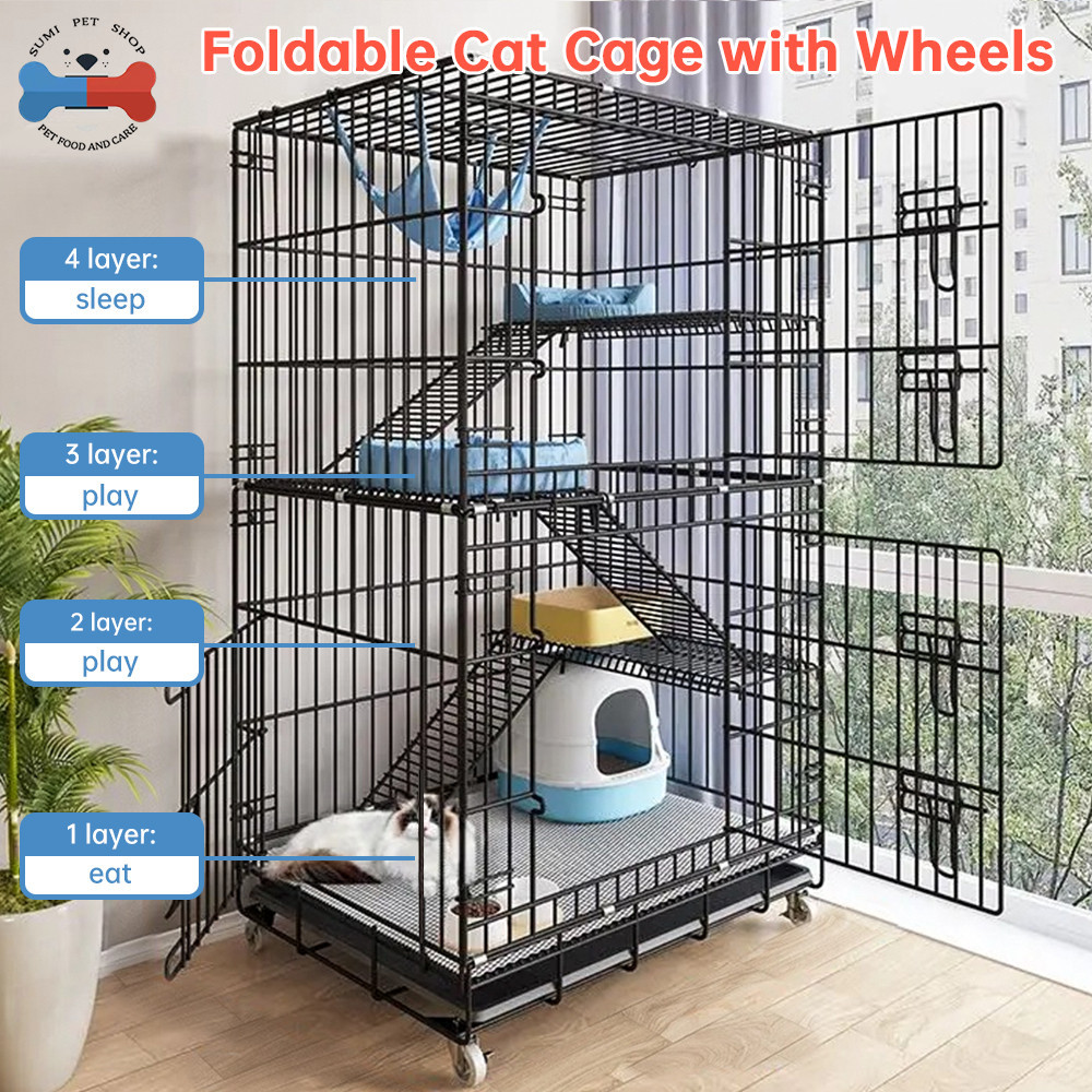 Cat Cage 4 Layer Pet Cage Foldable with Wheels Large Space Heavy Duty 3 ...