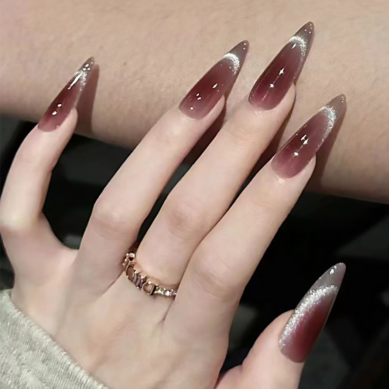Dark Red Cat Eyes Crystal Fake Nails Shiny Wearable Long False Nails 30 ...