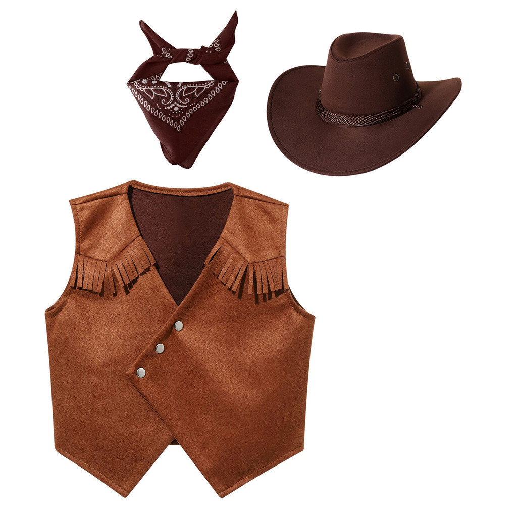 Kids Western Cowboy Cowgirl Cosplay Costume Vintage Buttons Fringe Vest ...