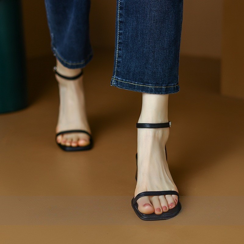 Classic All-Match Square Toe Open Toe Mid-Heel Flat Strap Sandals Women ...