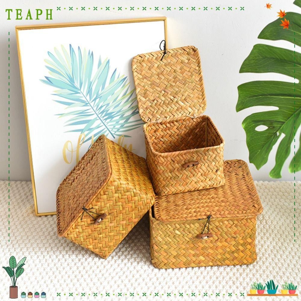 TEAPH Wicker Shelf Baskets, Handwoven Rectangular Storage Box with Lid ...