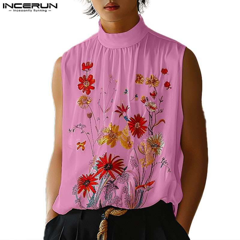 INCERUN Men Korean Sleeveless Half Turtleneck Floral Print Design Tanks ...