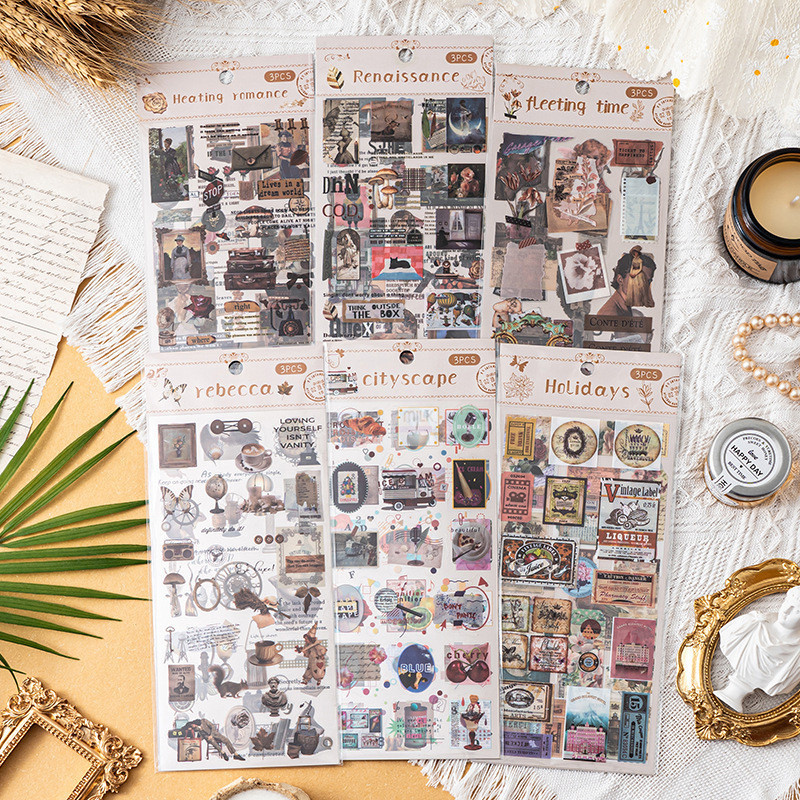 3 Sheets Vintage Artistic Scrapbook Stickers - Literary Water Bottle ...