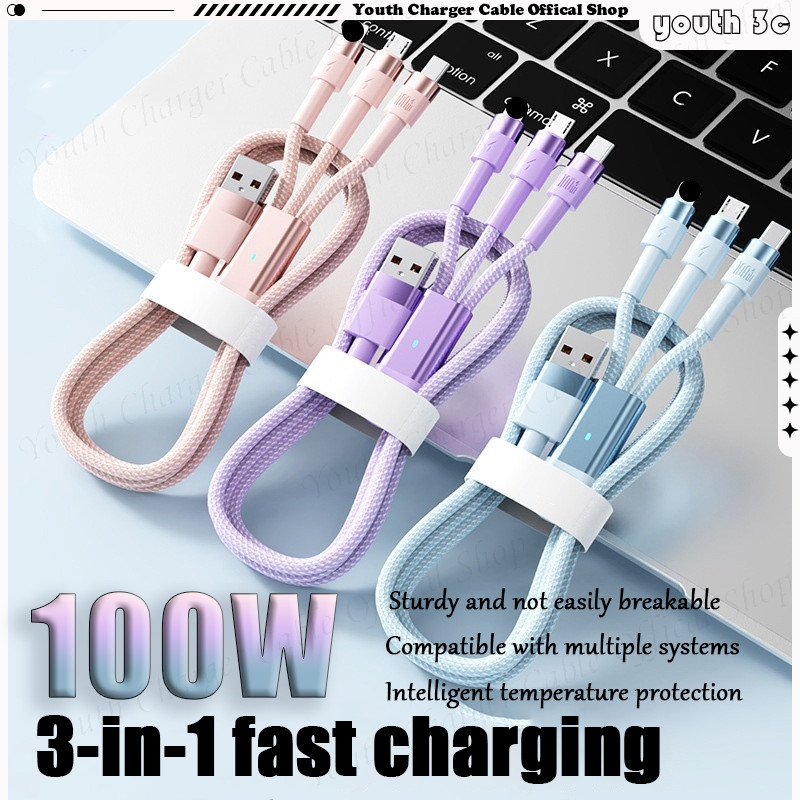 100W Fast Charging 3-in-1 data cable high-density nylon weaving cord ...