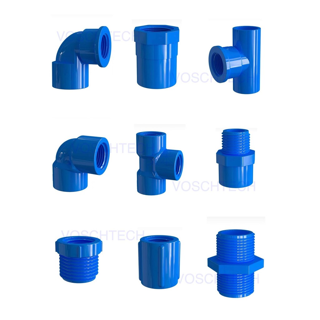 Pvc blue fittings whit threaded tee elbow coupling busing 20mm 25mm ...