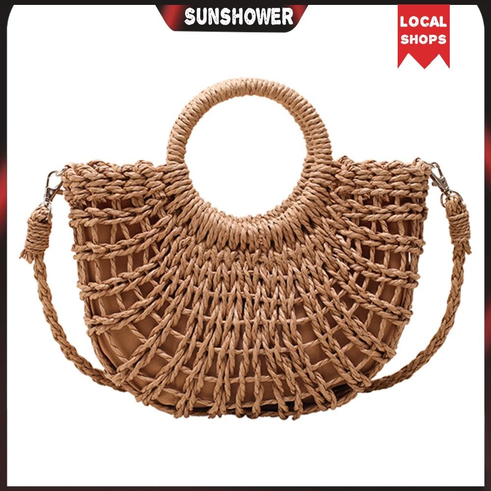 Women Straw Messenger Bag Drawstring Woven Tote Bag Solid Handbag ...