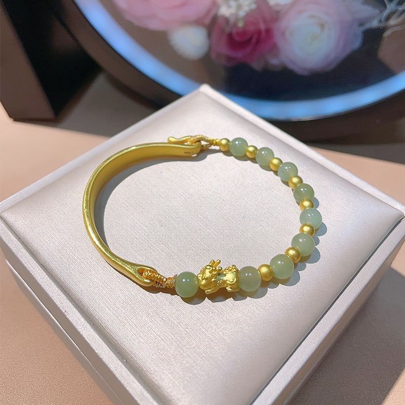 Gold half bracelet Hetian jade long-life lock powder crystal safety ...
