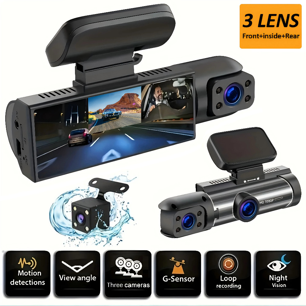 Car Dash Cam Recorder 3 Camera Lens Front Rear Inside 1080P HD DashCam ...