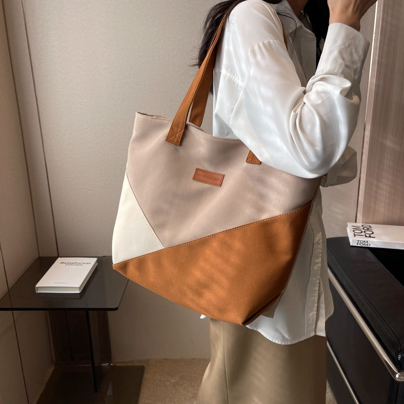 Canvas Bag Female Contrast Color One-Shoulder Handbag Durable Stitching ...