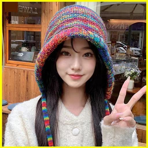 SY1 Fall Winter Rainbow Striped Ear Protection Woolen Hat Girl Smaller ...