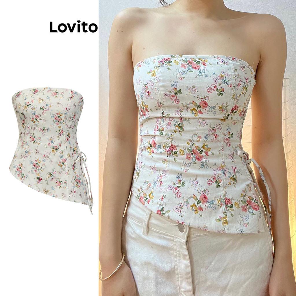 Lovito Vintage Tank Top Ditsy Floral Lace Up Split Tank Top for Women ...