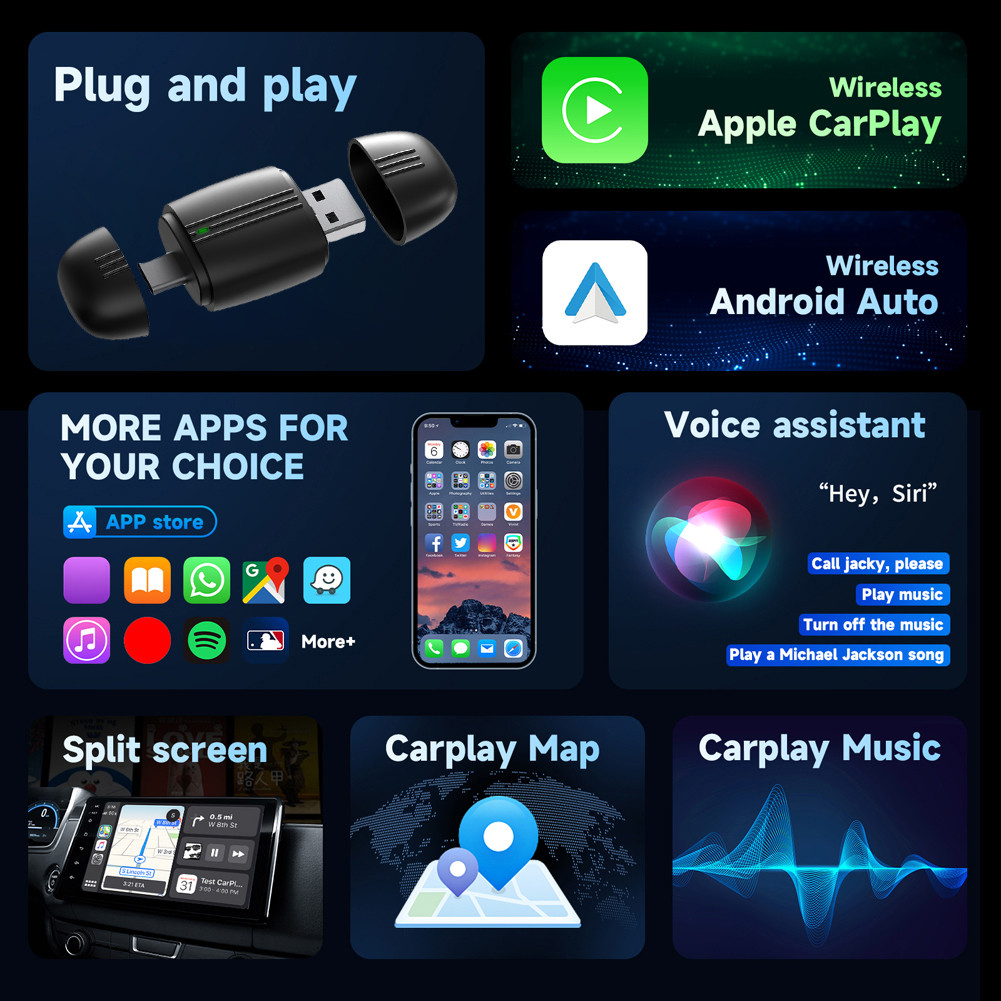 2 in 1 Wireless CarPlay Android Auto Adapter Plug & Play for Factory ...
