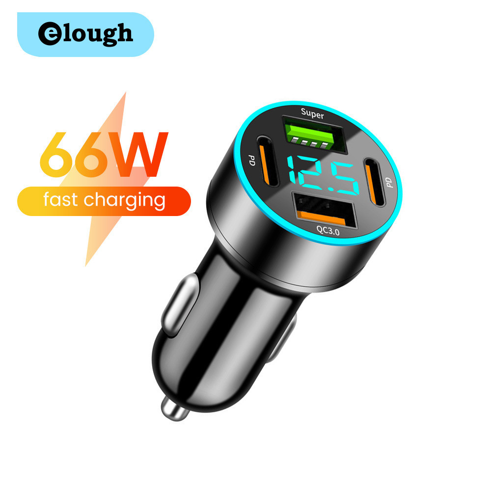 Elough 66W PD30W Digital Displaying Car Charger 2USB+2 Type C Ports Super Fast Charging Adapter ...
