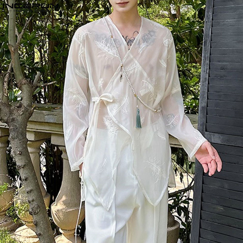Incerun Men Korean Fashion See Through Tied Long Sleeve Printing Kimonos Shopee Philippines