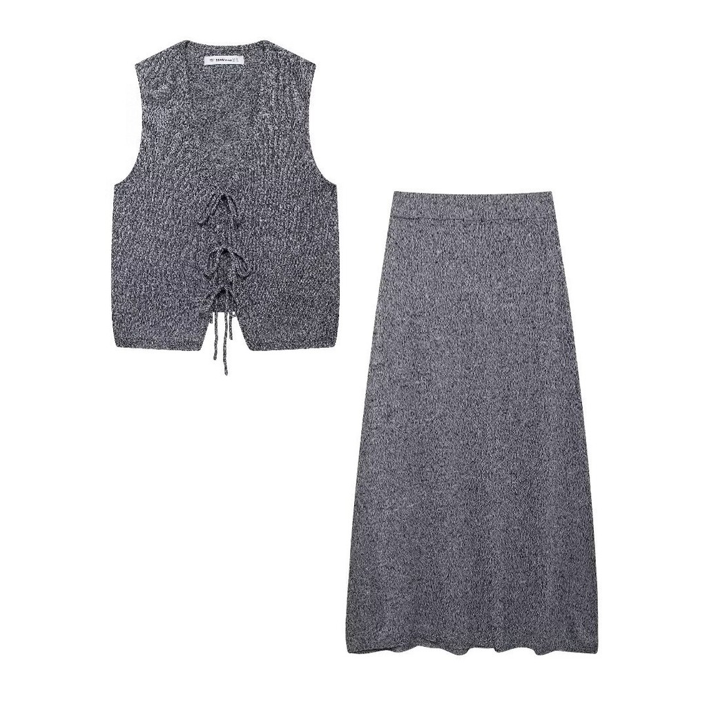 Qunz Fashion Deep V-neck Sleeveless Lace Up Vest+ Medium Length Skirt ...
