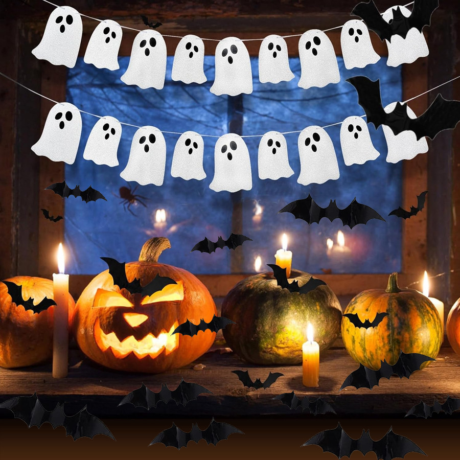 Glittery Halloween Ghost Banner with 3D Scary Bat Stickers for ...