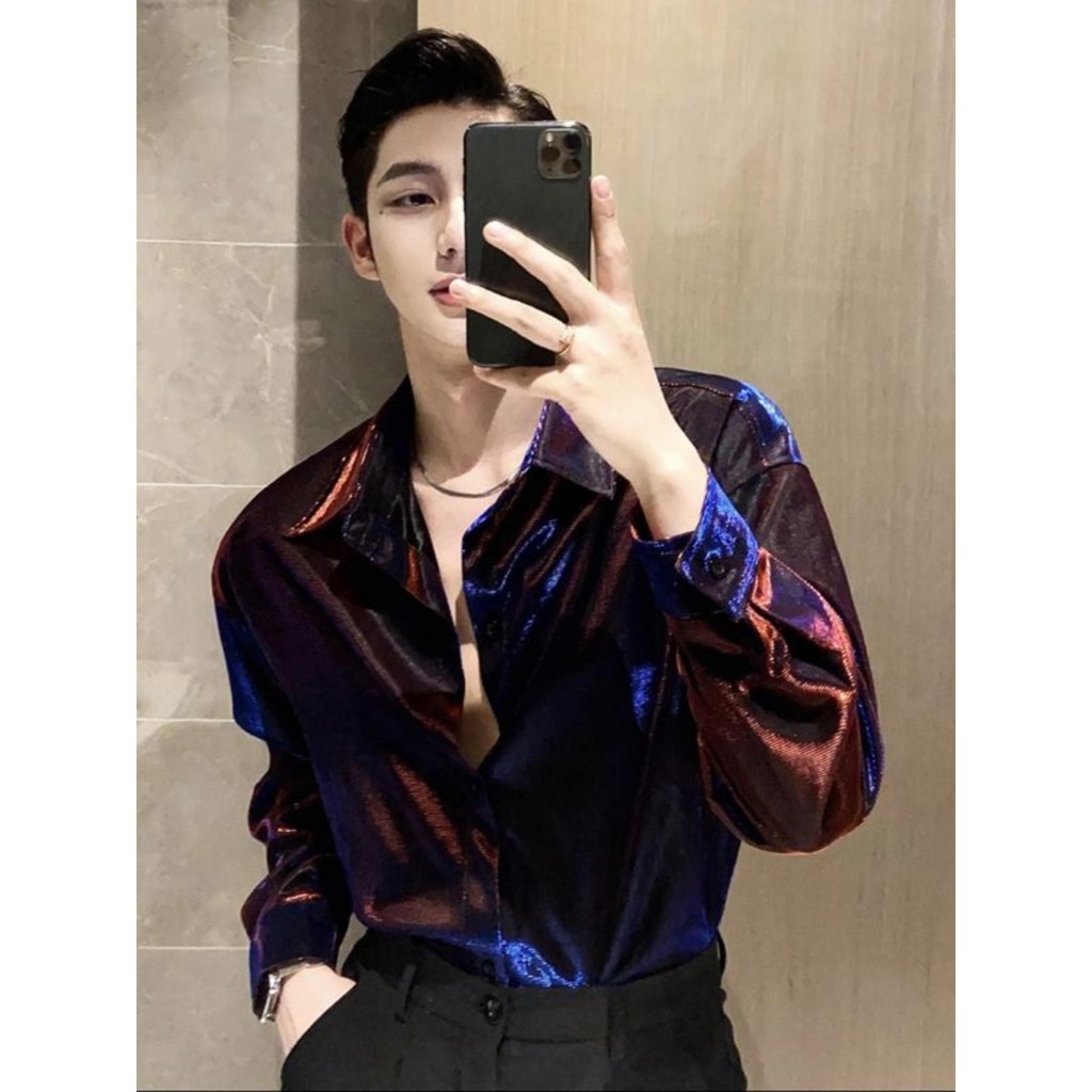 High-end Nightclub Shirt Men Long-Sleeved Fashion Loose Translucent ...