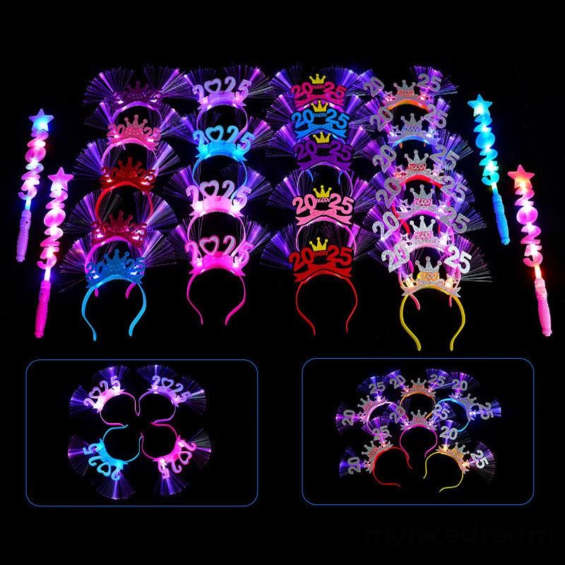 2025 Happy New Year LED Glow Headband Kids Adults Optic Fiber Light Up ...