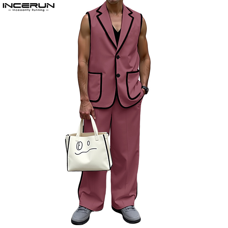 INCERUN Men Vintage Advanced Suit Neck Contrast Splicing Sleeveless ...