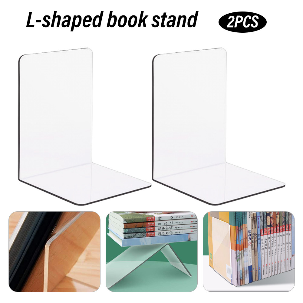 Acrylic Bookends Set Transparent L-Shaped Desktop Book Stand for ...