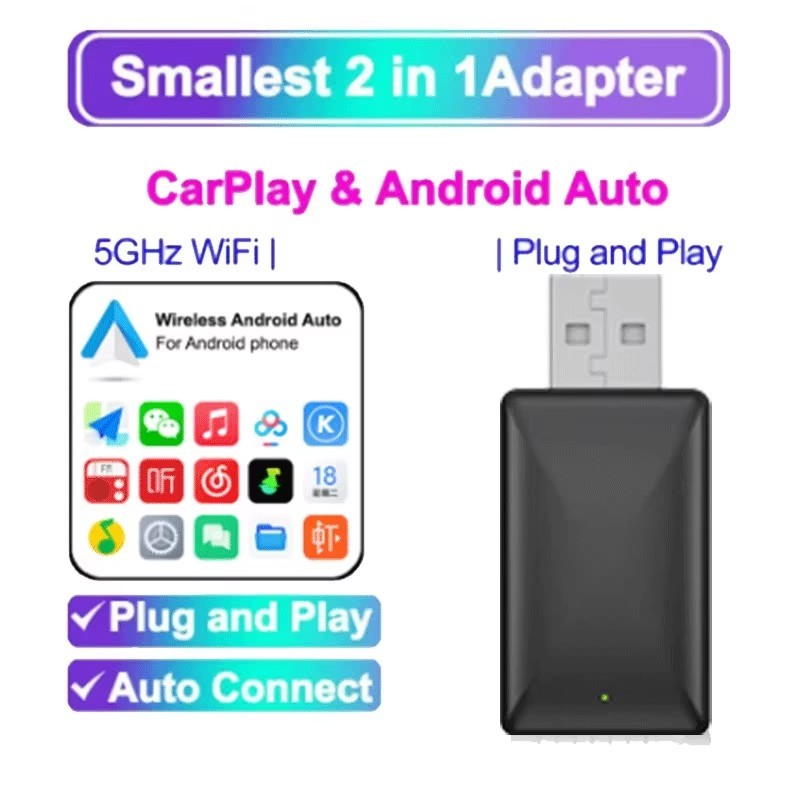 Wireless Carplay Android Auto Adapter 2 in 1 Mini Box Plug&Play CarPlay AI Box BT WiFi for Wired ...