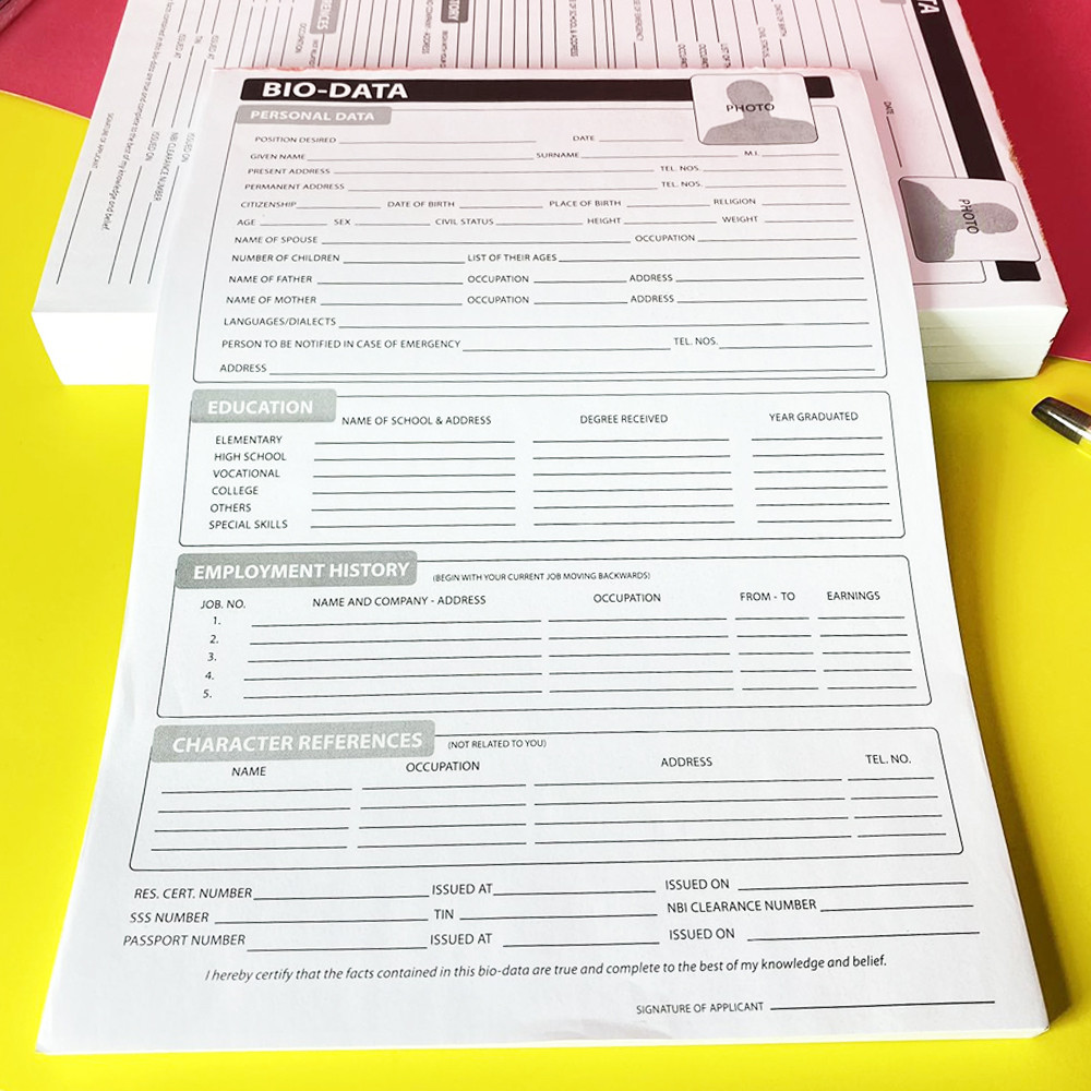 Mimi Bio-Data Application Form Sheets Good Quality White Paper Office ...
