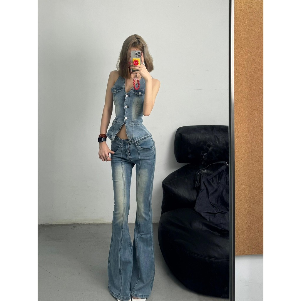 Hong Kong style, retro, vintage, blue denim vest, vest, top, high-waist ...