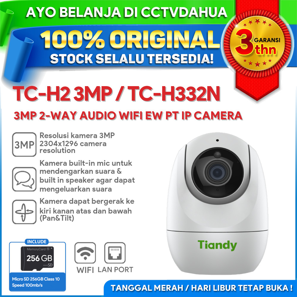 Tiandy TC-H2 3MP/TC-H332N 2-WAY AUDIO WIFI EW PAN TILT SMART IP CAMERA FREE MICRO SD 256GB ...