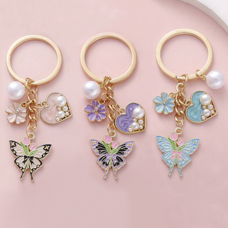 Exquisite Enamel Flower Butterfly Keychain Imitation Pearl Heart Shaped ...