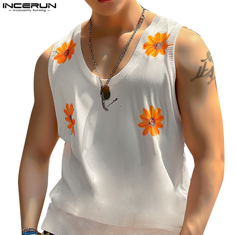 INCERUN Men Korean Fashion V-Neck Floral Splicing Skeleton Sleeveless ...