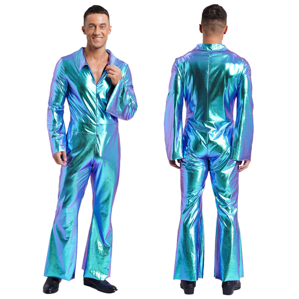 Men 70s Disco Metallic Shiny Jumpsuit Retro Hippie Bodysuit Flare ...