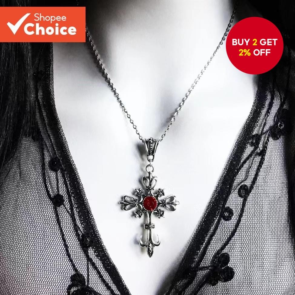 Gothic Vintage Red Ruby Cross Pendant Necklace Elegant Fashion Jewelry ...