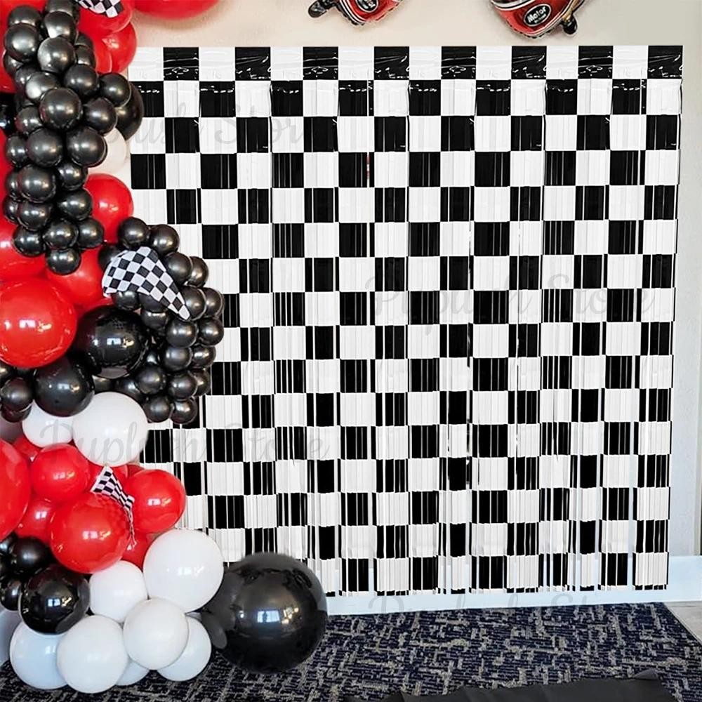 Race Car Backdrop Curtains Race Car Checkered Foil Fringe Curtain ...