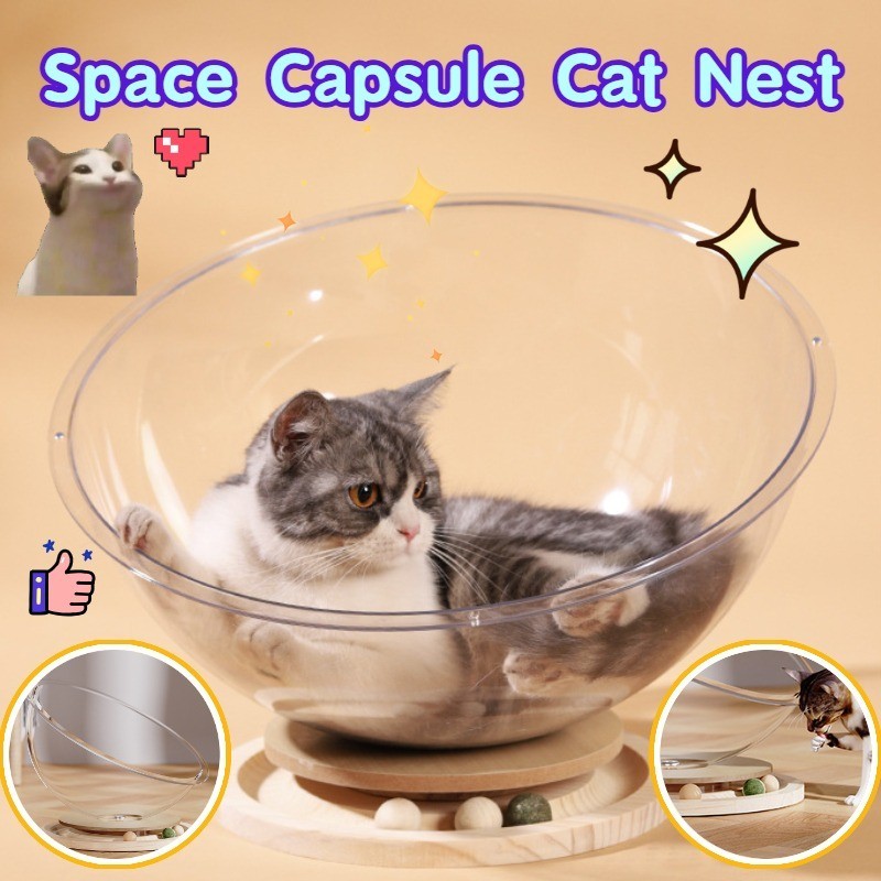 2-in-1 Space Capsule Cat Nest Full Transparency Semi-enclosed Acrylic ...